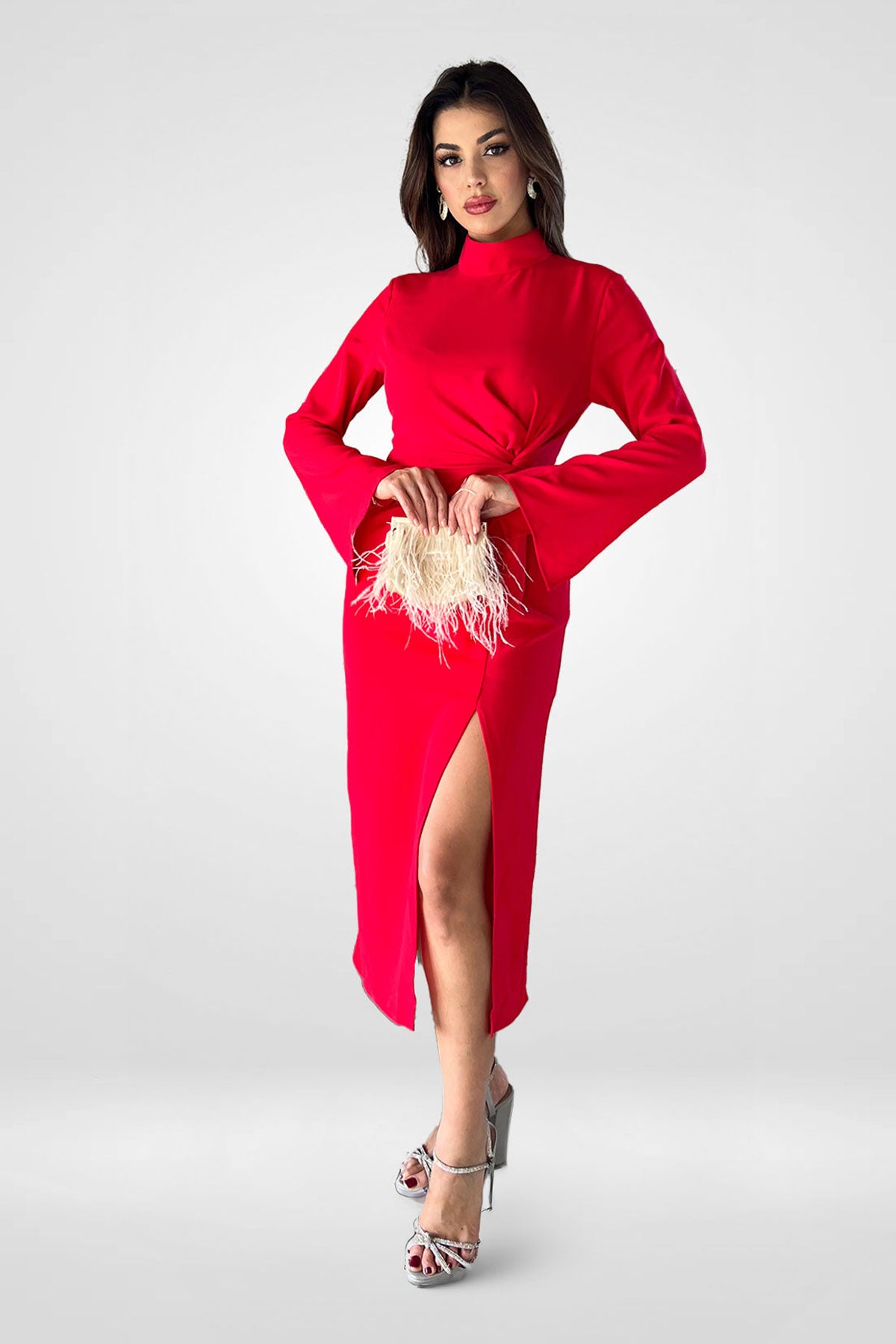 Charlize Red High Neck Long Sleeves Dress Unmatchedbyu