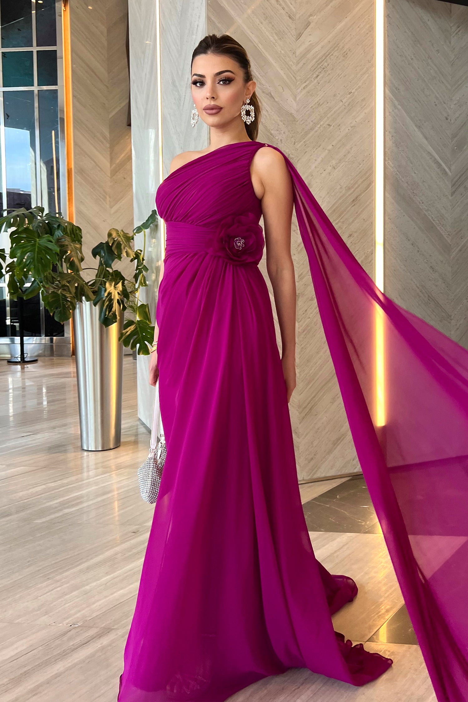 Aylani Floral Cape Fuchsia Gown – unmatchedbyu