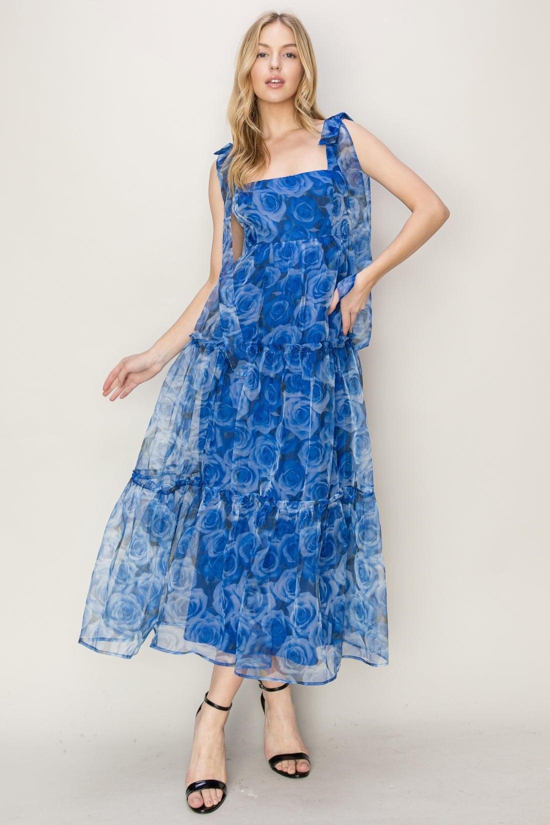 Cassia Blue Floral Print Organza Spring Summer Easter Shoulder Ribbon Straps Dress Organza ...