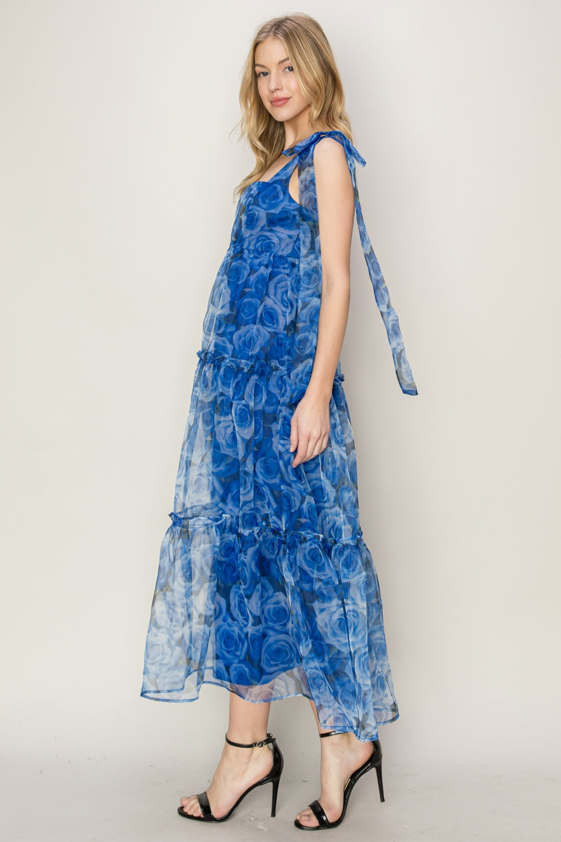 Cassia Blue Floral Print Organza Spring Summer Easter Shoulder Ribbon Straps Dress Organza ...