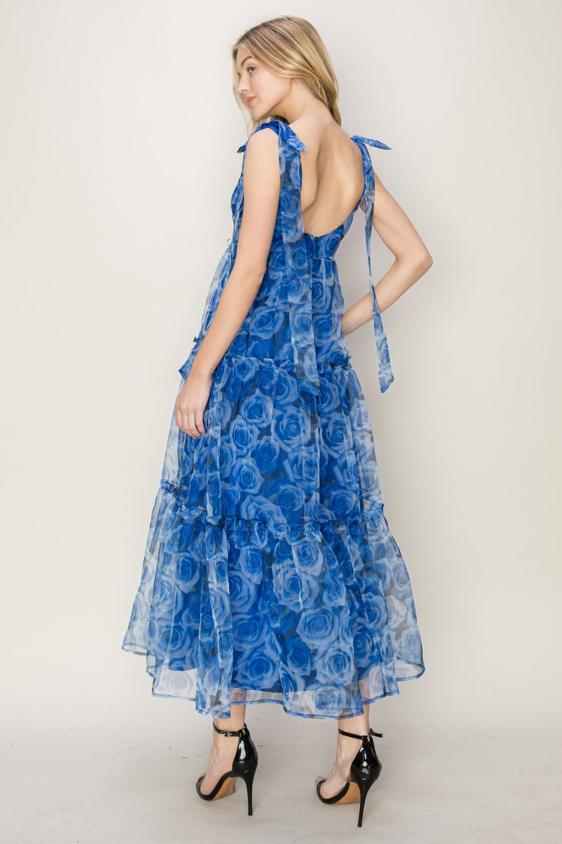 Cassia Blue Floral Print Organza Spring Summer Easter Shoulder Ribbon Straps Dress Organza ...