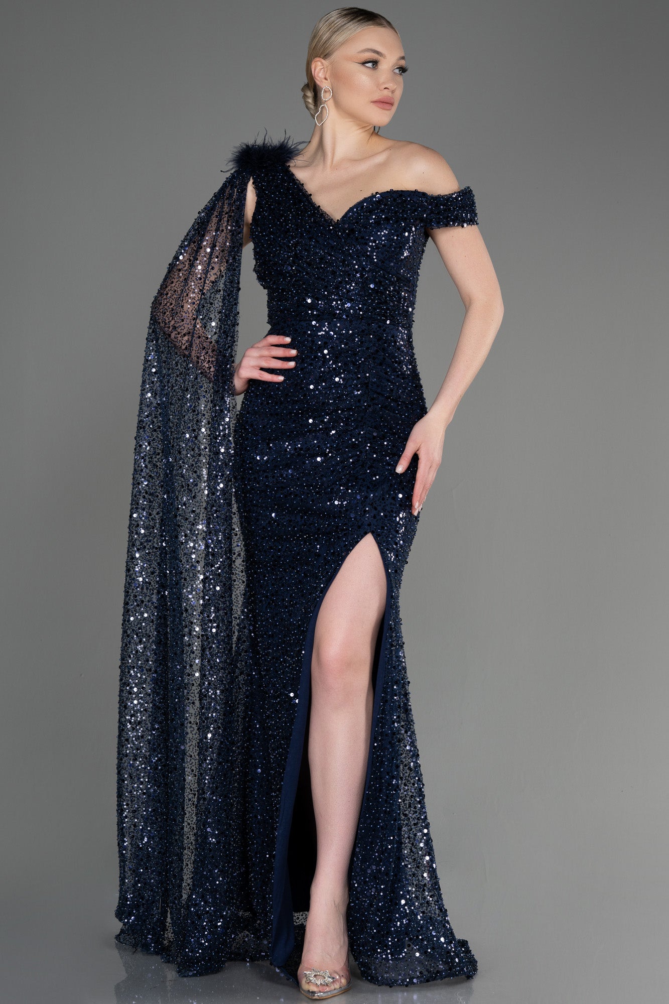 Donna Navy Blue Sequin Cape Feather Gown – unmatchedbyu