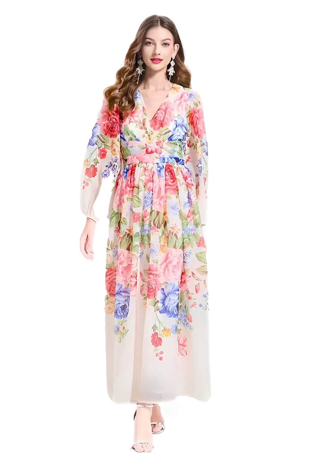 Roselle Floral Multi Color Print Long Poof Sleeves Midi Dress ...