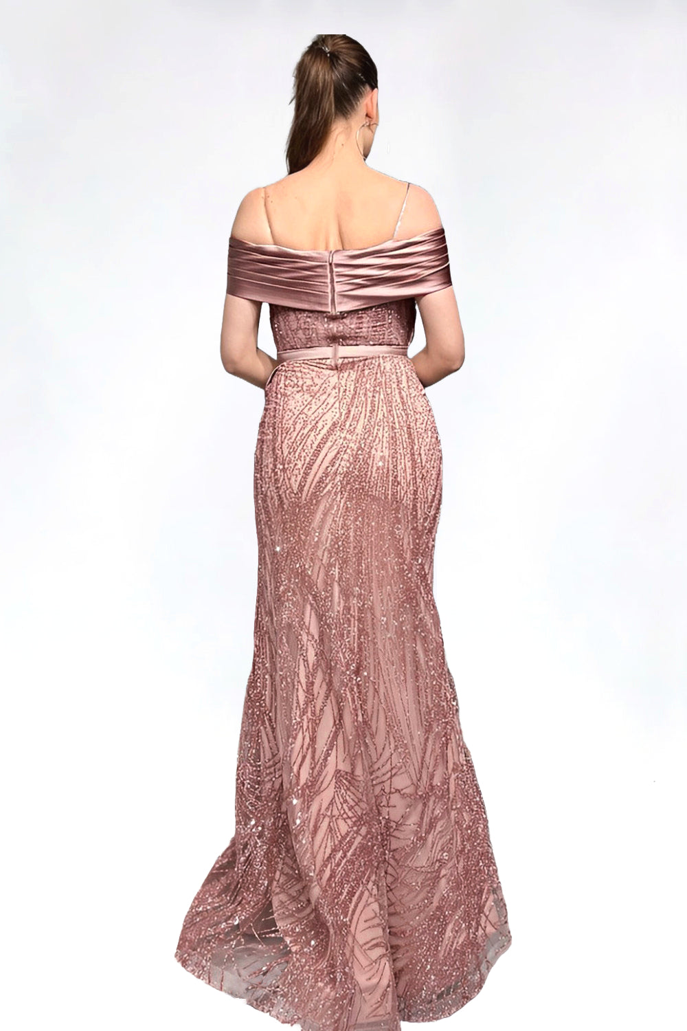 Marcela Rosegold Sparkly Pattern off shoulder twist detail Gown ...